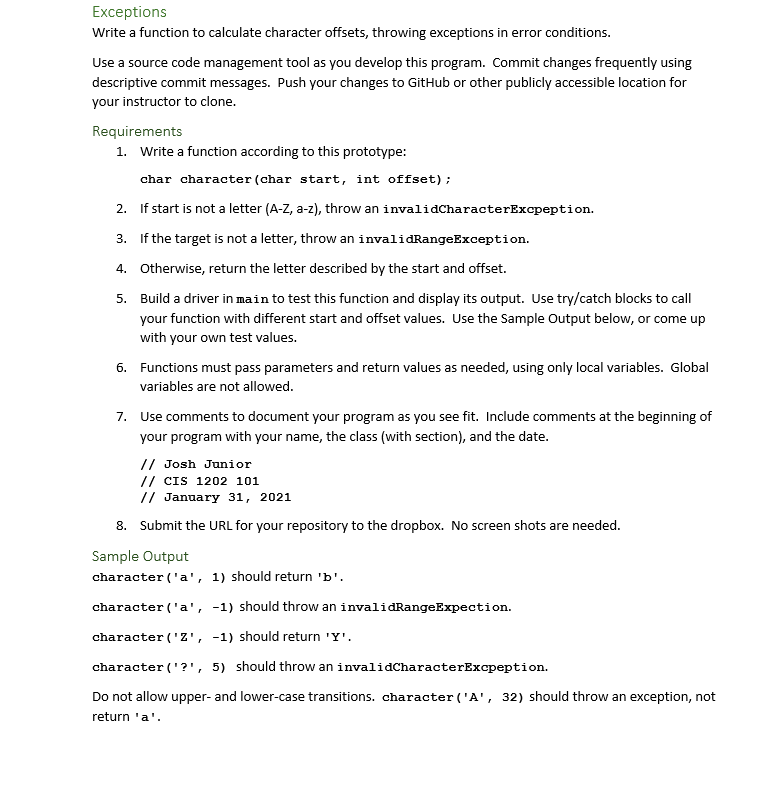 Solved Exceptions Write a function to calculate character | Chegg.com
