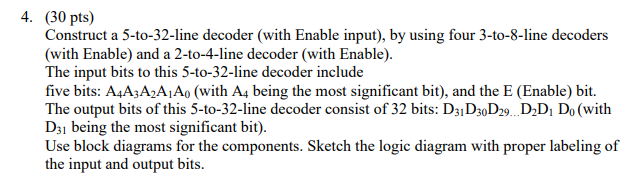 Solved 4. (30 pts) Construct a 5-to-32-line decoder (with | Chegg.com