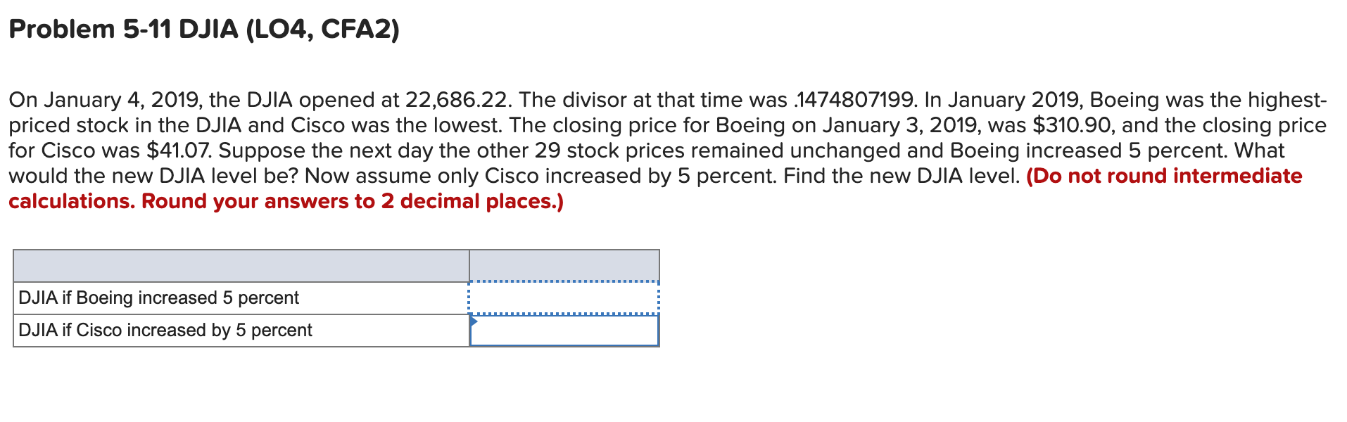 Solved Problem 5-11 DJIA (LO4, CFA2) On January 4, 2019, the | Chegg.com