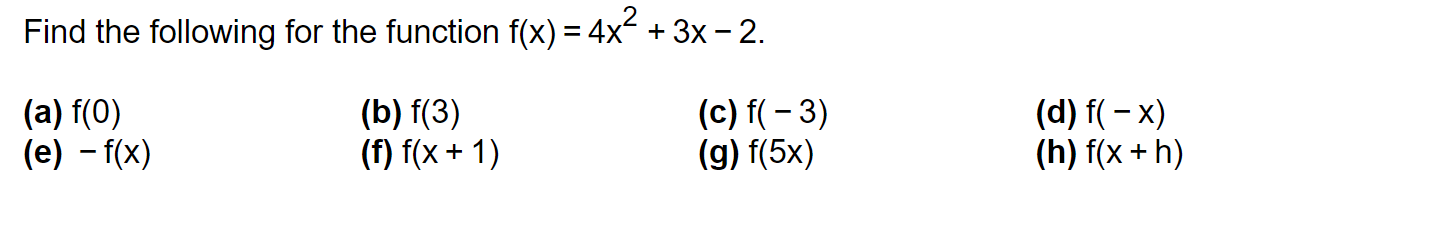 Solved Find the following for the function f(x)=4x2+3x−2 (a) | Chegg.com