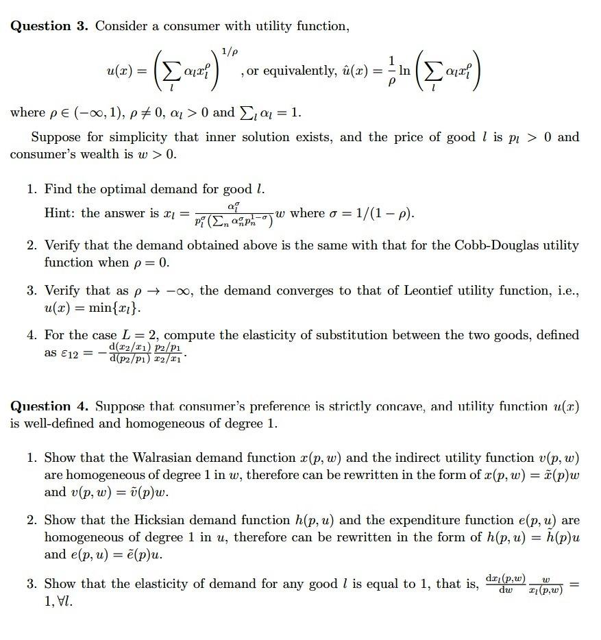 Question 3. Consider a consumer with utility | Chegg.com