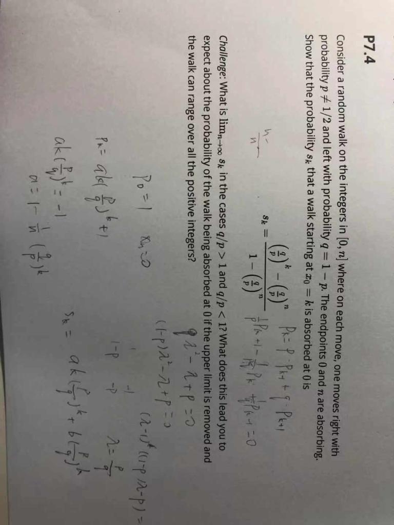 P7.4 Consider a random walk on the integers in [0, n] | Chegg.com