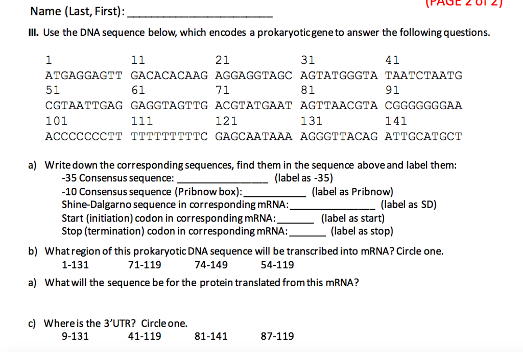 Solved PAGE 201 ) Name (Last, First): Il. Use the DNA | Chegg.com