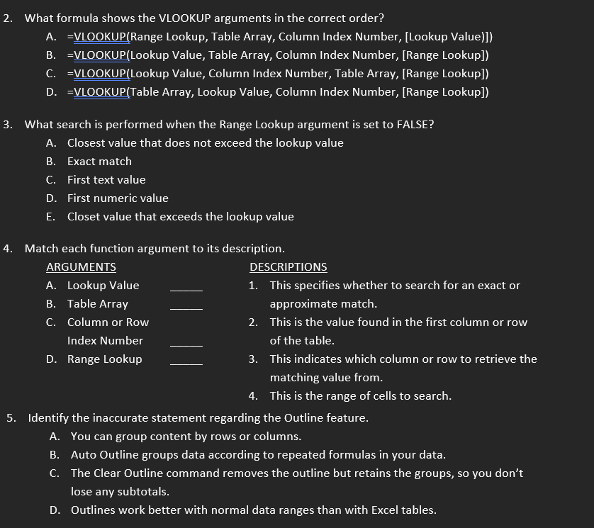 Solved 2 What Formula Shows The Vlookup Arguments In The 