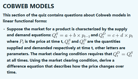 Solved COBWEB MODELS This section of the quiz contains | Chegg.com