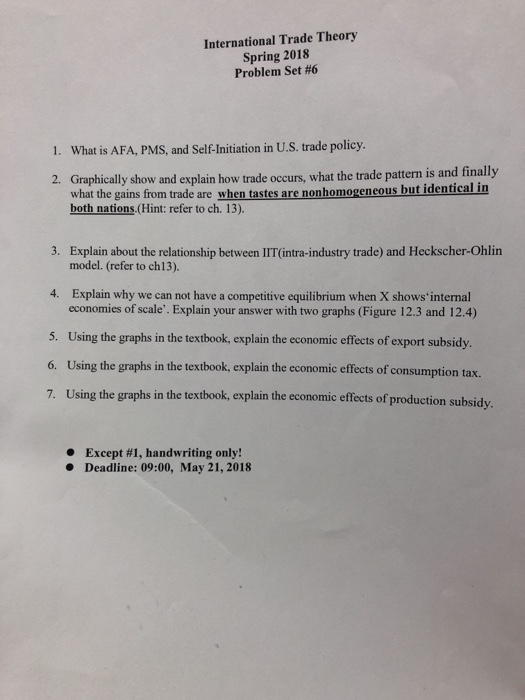 Solved International Trade Theory Spring 2018 Problem Set #6 | Chegg.com