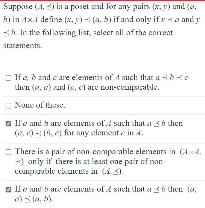 Solved Suppose (A,⪯) is a poset and for any pairs (x,y) and | Chegg.com