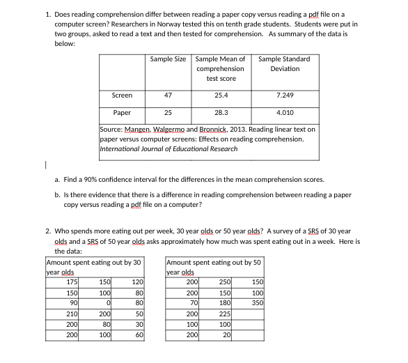 Solved 1. Does reading comprehension differ between reading | Chegg.com