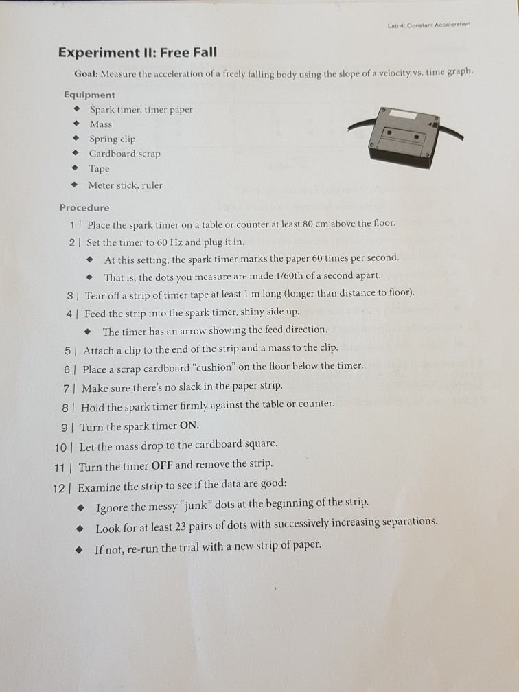 Lab 4: Constant Acceleration Experiment II: Free Fall | Chegg.com