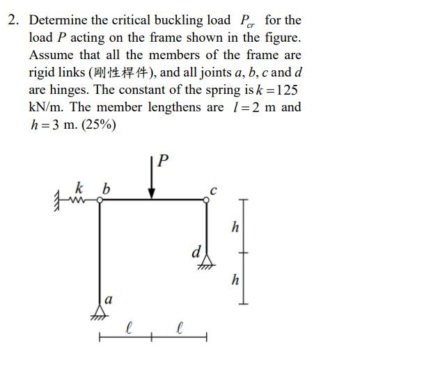 Solved 2. Determine the critical buckling load P for the | Chegg.com