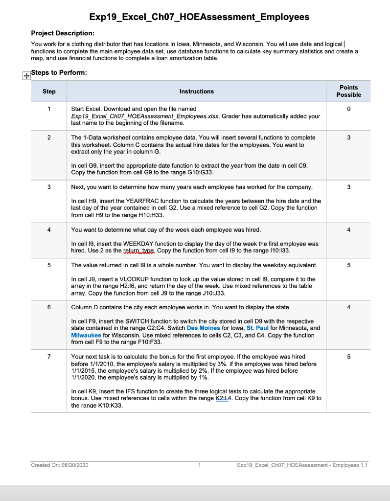 Solved Project Description:Grader - Instructions Excel 2019 | Chegg.com