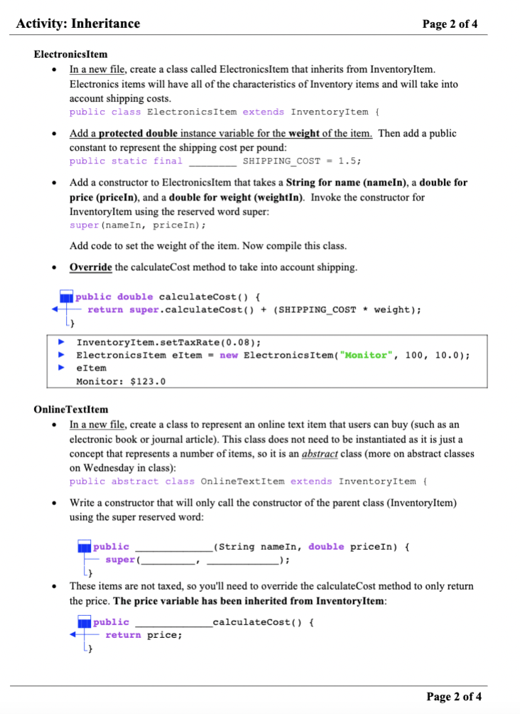 Solved Activity: Inheritance Page 1 of 4 Goals: By the end | Chegg.com