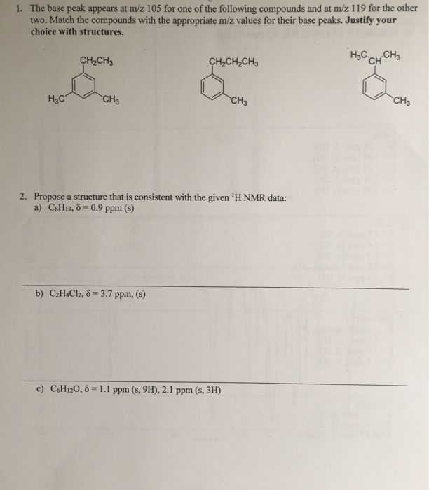 Solved The base peak appears at m/z 105 for one of the | Chegg.com