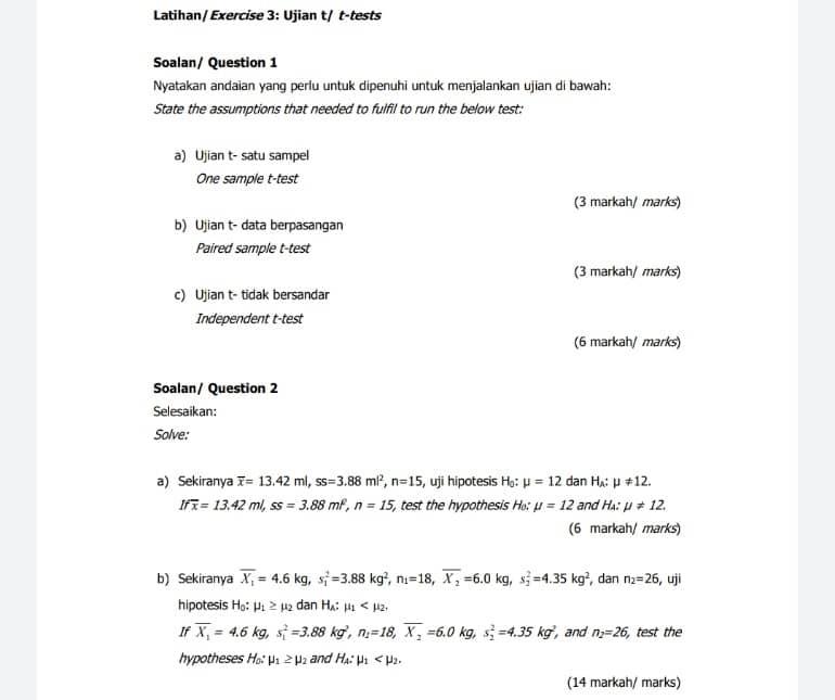 Solved Latihan/Exercise 3: Ujian t/ t-tests Soalan/ Question | Chegg.com