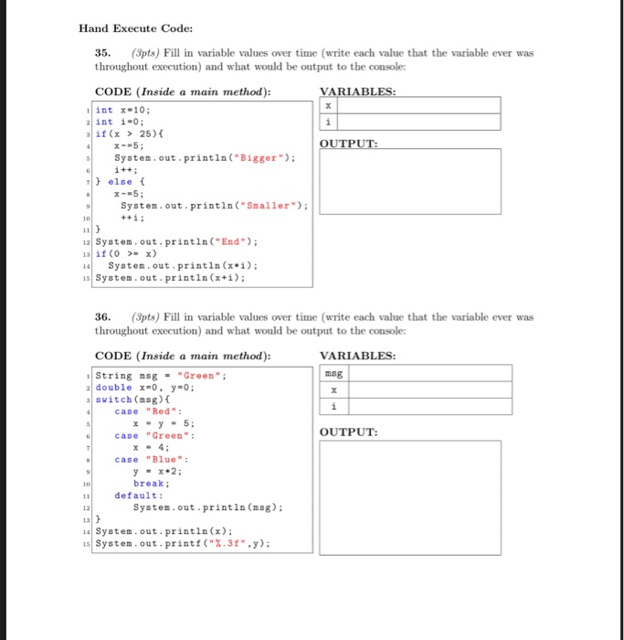 Solved Hand Execute 35. (Spts) Fill in variable values over | Chegg.com