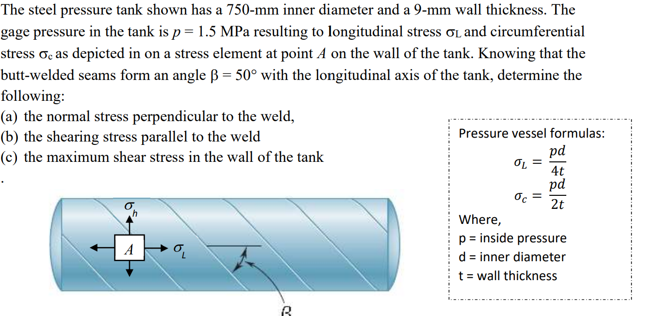 Solved The steel pressure tank shown has a 750 -mm inner | Chegg.com