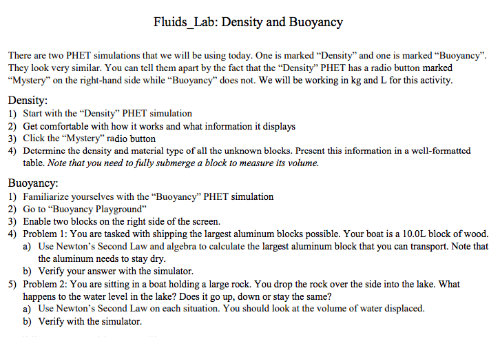 Fluids_Lab: Density and Buoyancy There are two PHET | Chegg.com