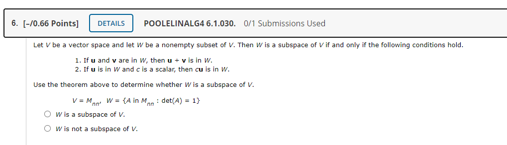 Solved 6. [-/0.66 Points] DETAILS POOLELINALG4 6.1.030. 0/1 | Chegg.com