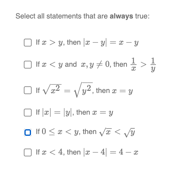 Solved Select all statements that are always true: If x>y, | Chegg.com