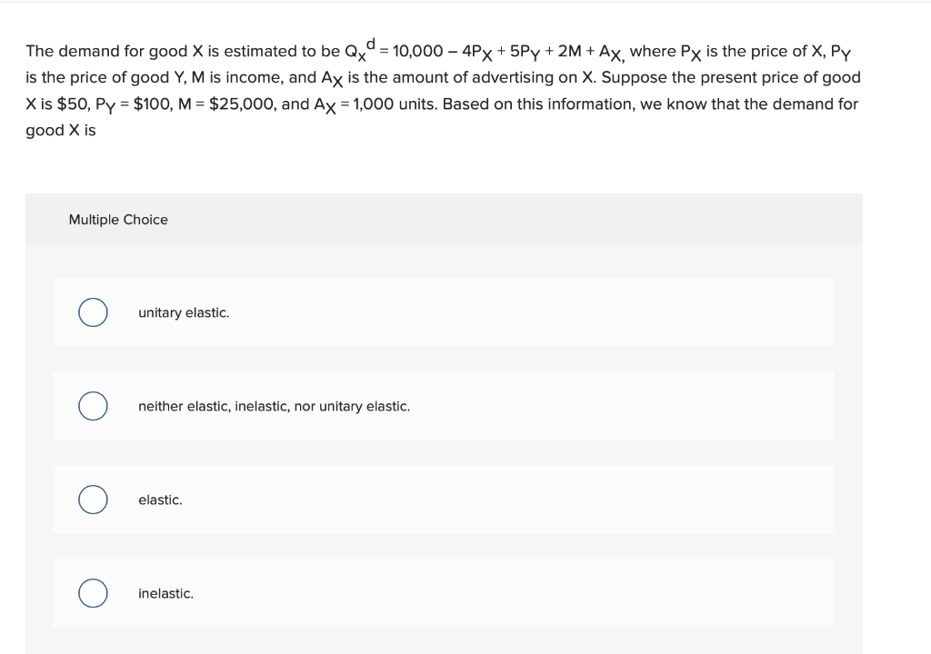 Solved The demand for good X is estimated to be Qxd = 10,000 | Chegg.com