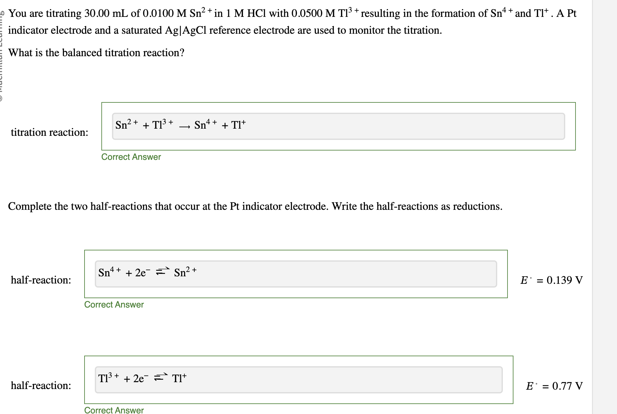 Solved You are titrating 30.00 mL of 0.0100MSn2+ in 1 M HCl | Chegg.com