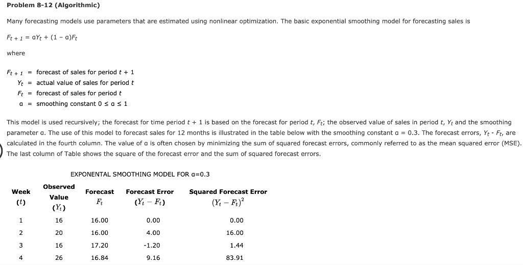 Solved Problem 8-12 (Algorithmic) Many forecasting models | Chegg.com