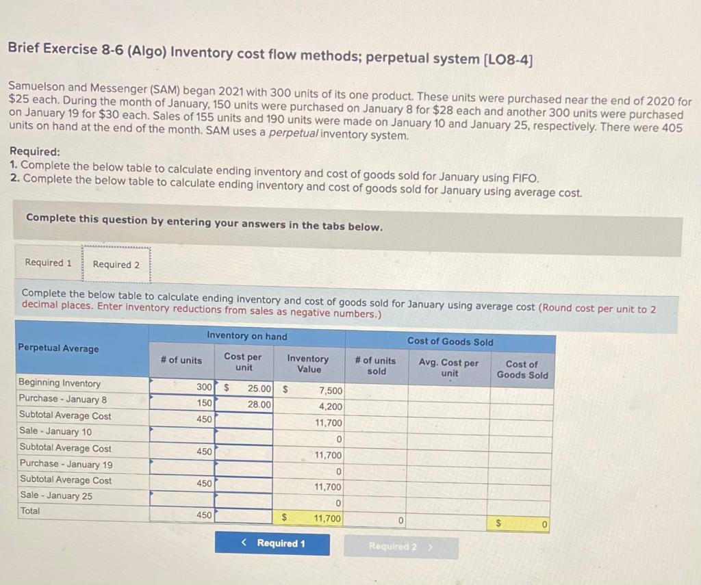 Solved Brief Exercise 8-6 (Algo) Inventory cost flow | Chegg.com