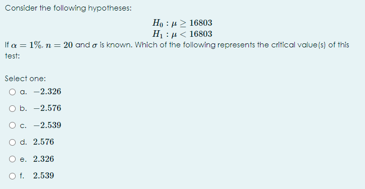 Solved Consider the following hypotheses: Họ : > 16803 H, | Chegg.com