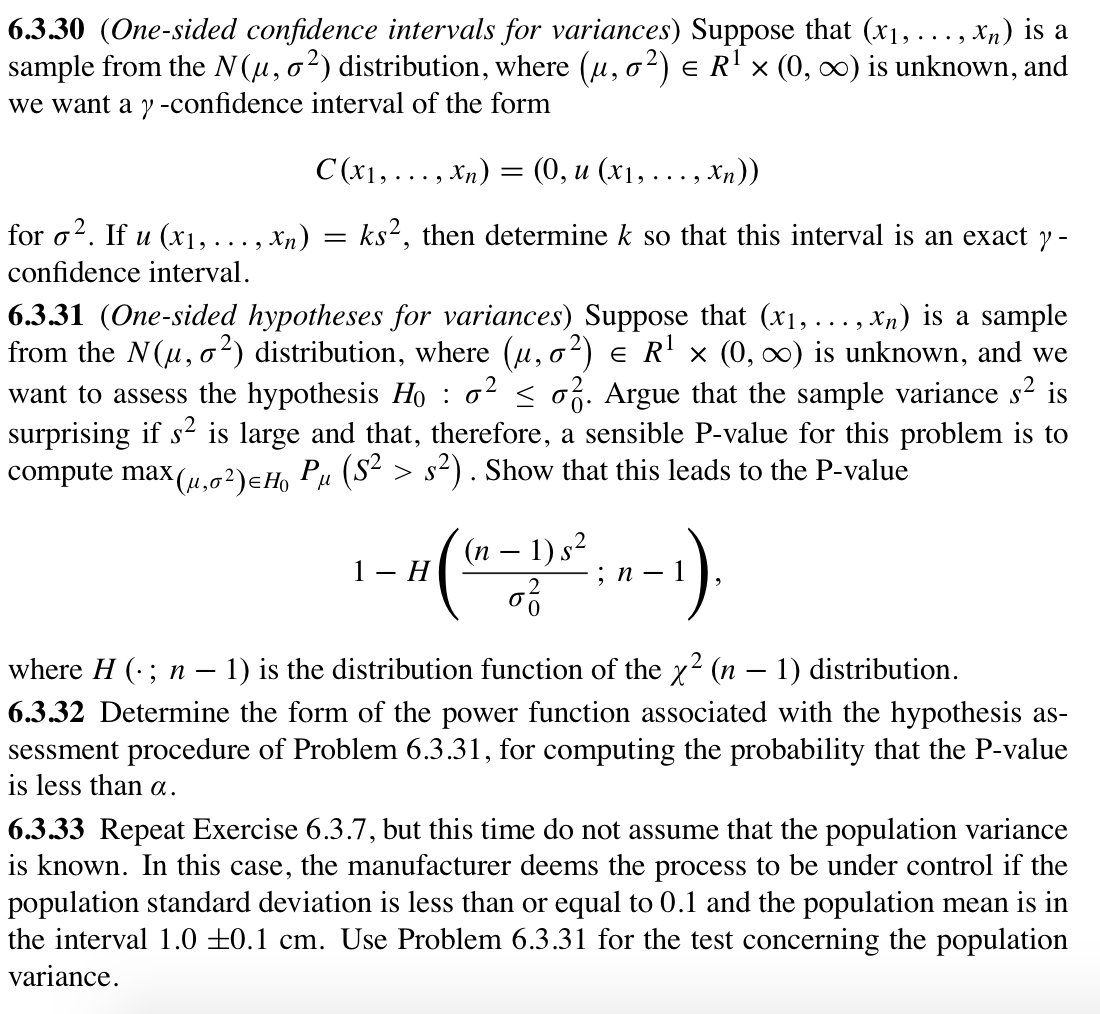 6.3.30 (One-sided confidence intervals for variances) | Chegg.com
