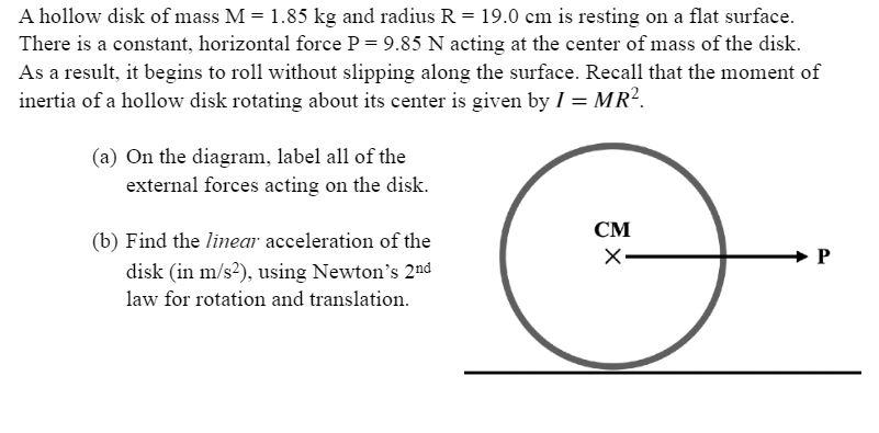 Solved A hollow disk of mass M = 1.85 kg and radius R = 19.0 | Chegg.com