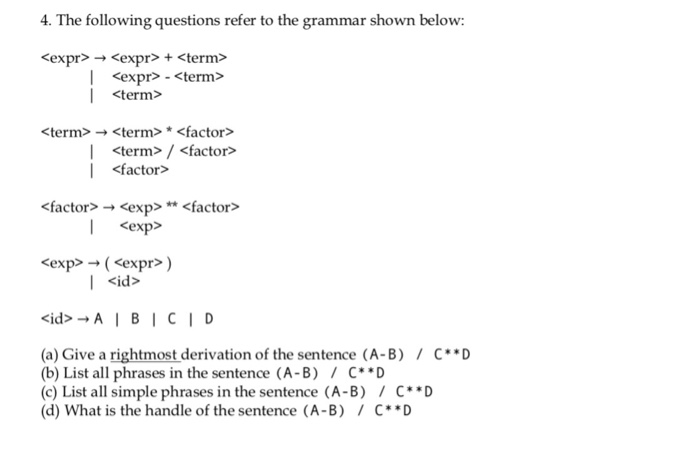 Solved 4. The following questions refer to the grammar shown | Chegg.com