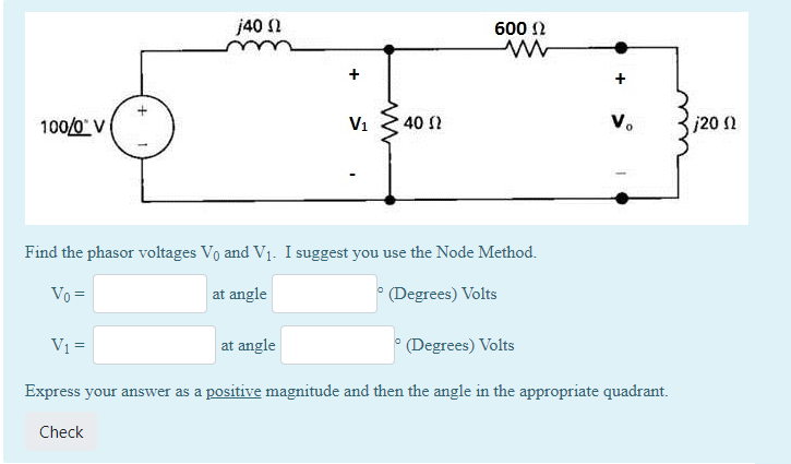 Solved Find the phasor voltages V0 and V1. I suggest you | Chegg.com