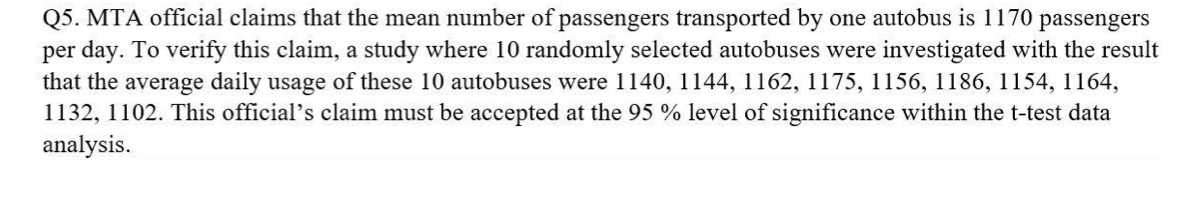 Solved Q5. MTA official claims that the mean number of | Chegg.com