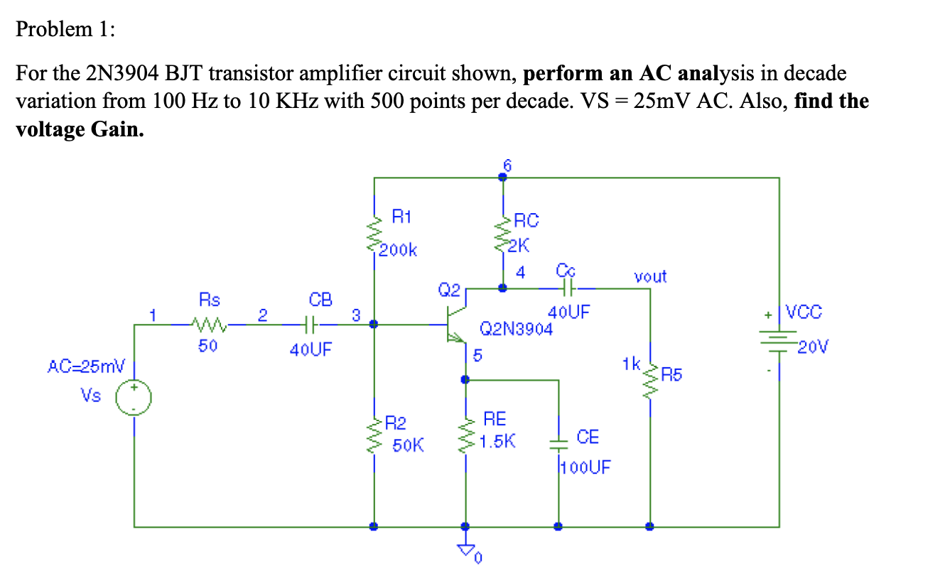 Solved Problem 1: For the 2N3904 BJT transistor amplifier | Chegg.com