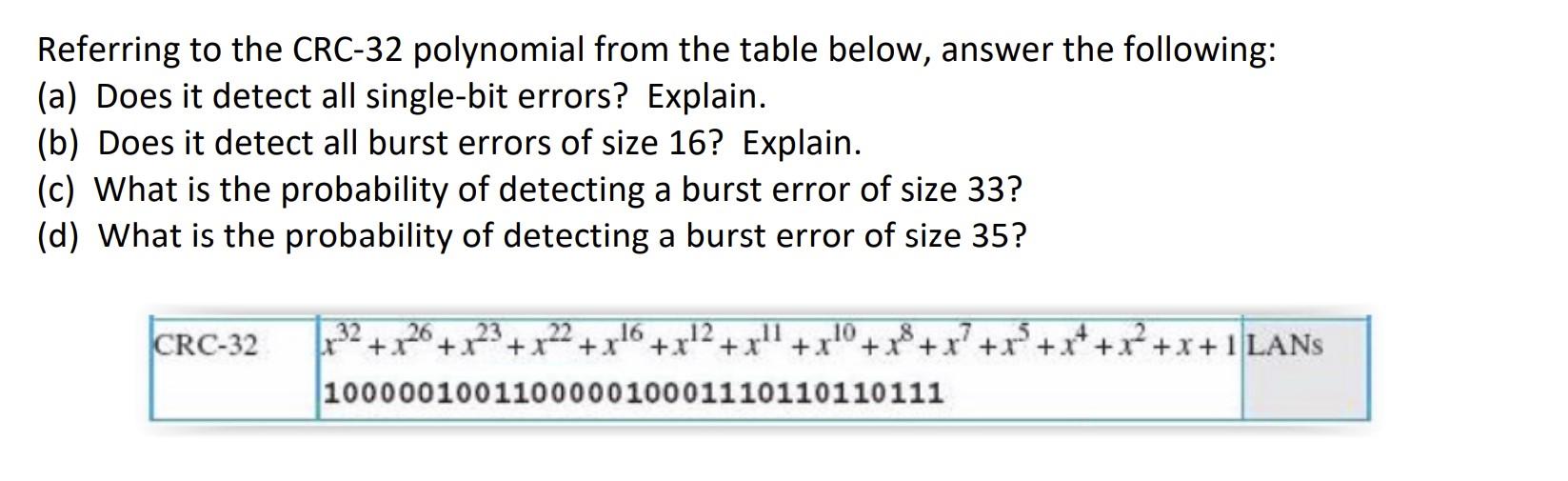Solved Referring to the CRC-32 polynomial from the table | Chegg.com