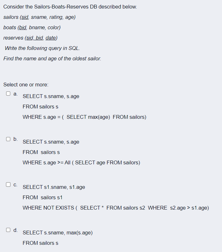 Solved Consider the Sailors-Boats-Reserves DB described | Chegg.com