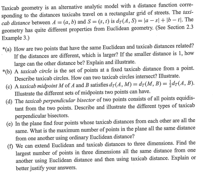 Solved Taxicab geometry is an alternative analytic model | Chegg.com