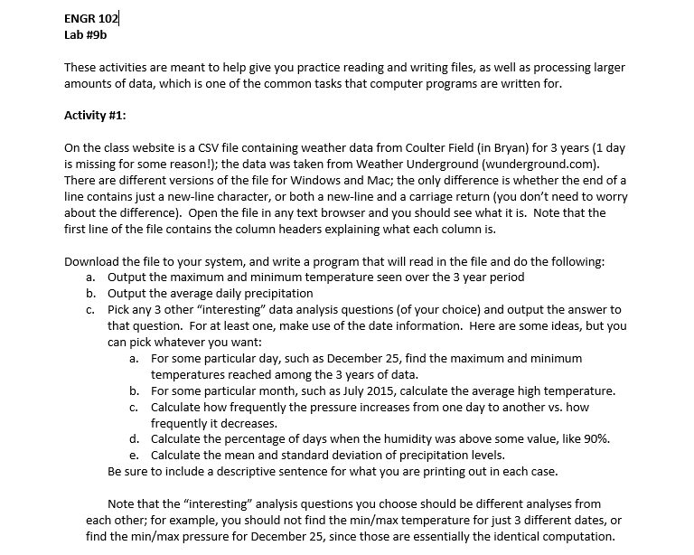 ENGR 102 Lab #9b These activities are meant to help | Chegg.com