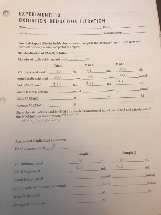 Solved EXPERIMENT: 10 OXIDATION-REDUCTION TITRATION Name: | Chegg.com Solved EXPERIMENT: 10 OXIDATION-REDUCTION TITRATION Name: | Chegg.com