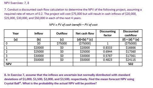 Solved NPV Exercises: 7,8 7. Conduct a discounted cash flow | Chegg.com