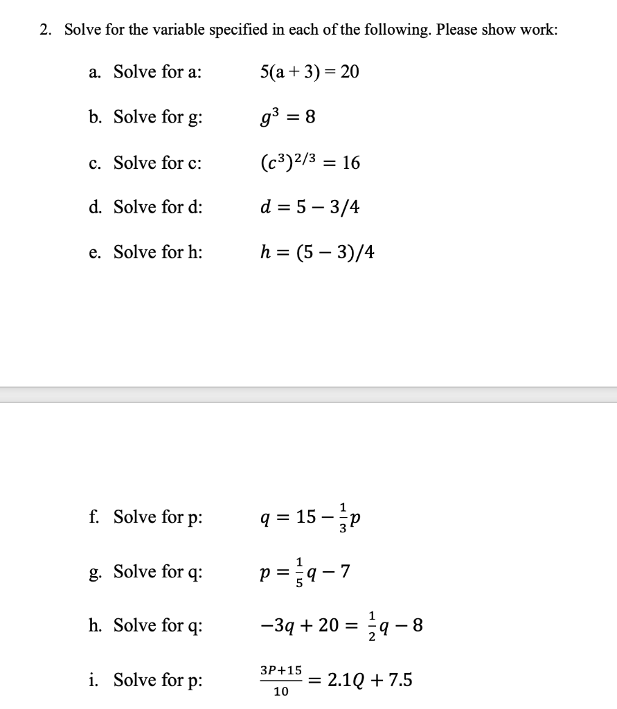 Solved 2. Solve for the variable specified in each of the | Chegg.com
