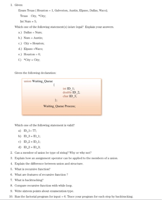 Solved 1. Given: Enum Texas Houston 1, Galveston, Austin, | Chegg.com