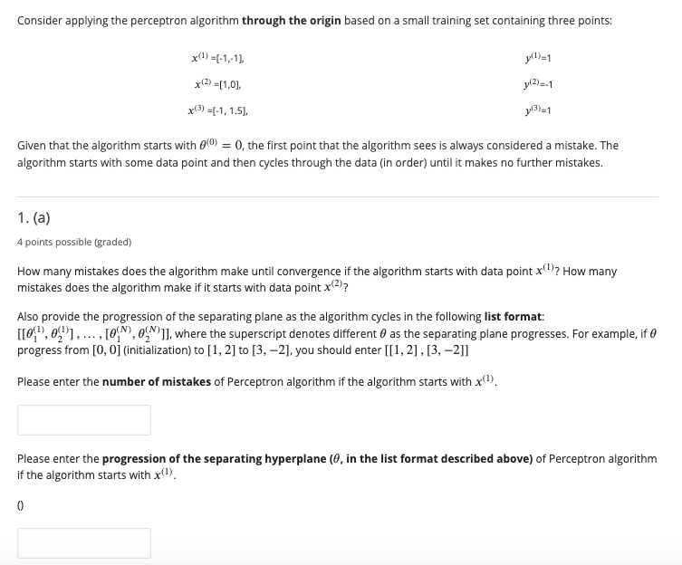 Consider applying the perceptron algorithm through | Chegg.com