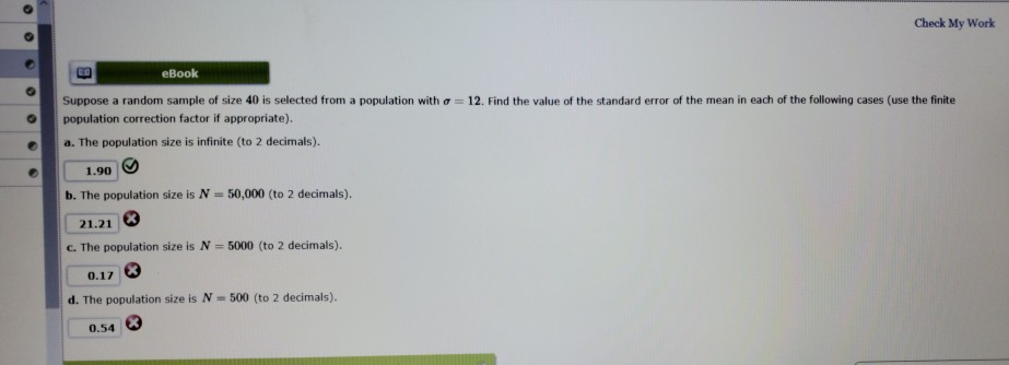 Solved Check My Work eBook Suppose a random sample of size | Chegg.com