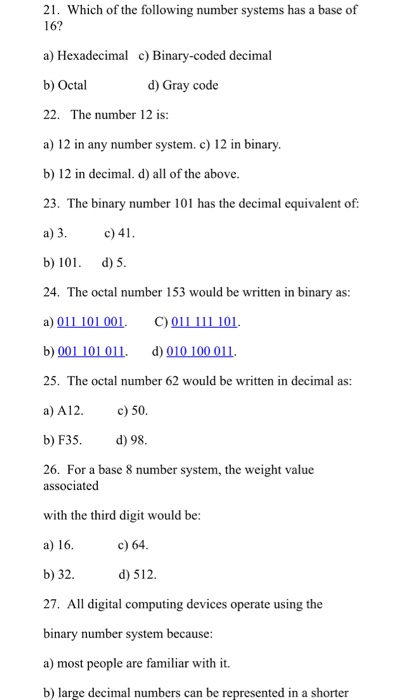 Solved Which of the following number systems has a base of | Chegg.com