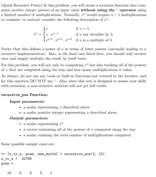Solved Solve Using Mathlab Using Recursion And No Built In 