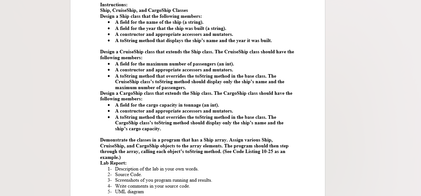 Solved Instructions: Ship, CruiseShip, and CargoShip Classes | Chegg.com