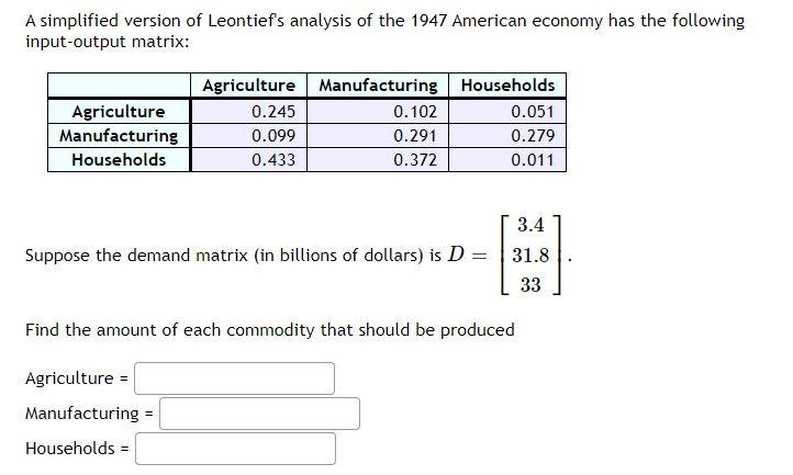 Solved A simplified version of Leontief's analysis of the | Chegg.com