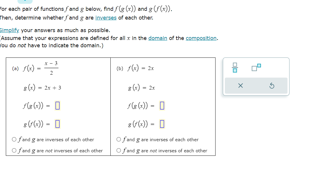 Solved =or each pair of functions f and g below, find | Chegg.com