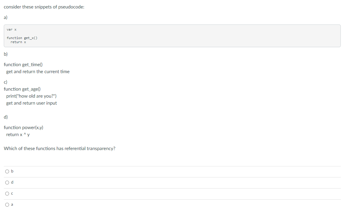 Solved consider these snippets of pseudocode: a) var x | Chegg.com